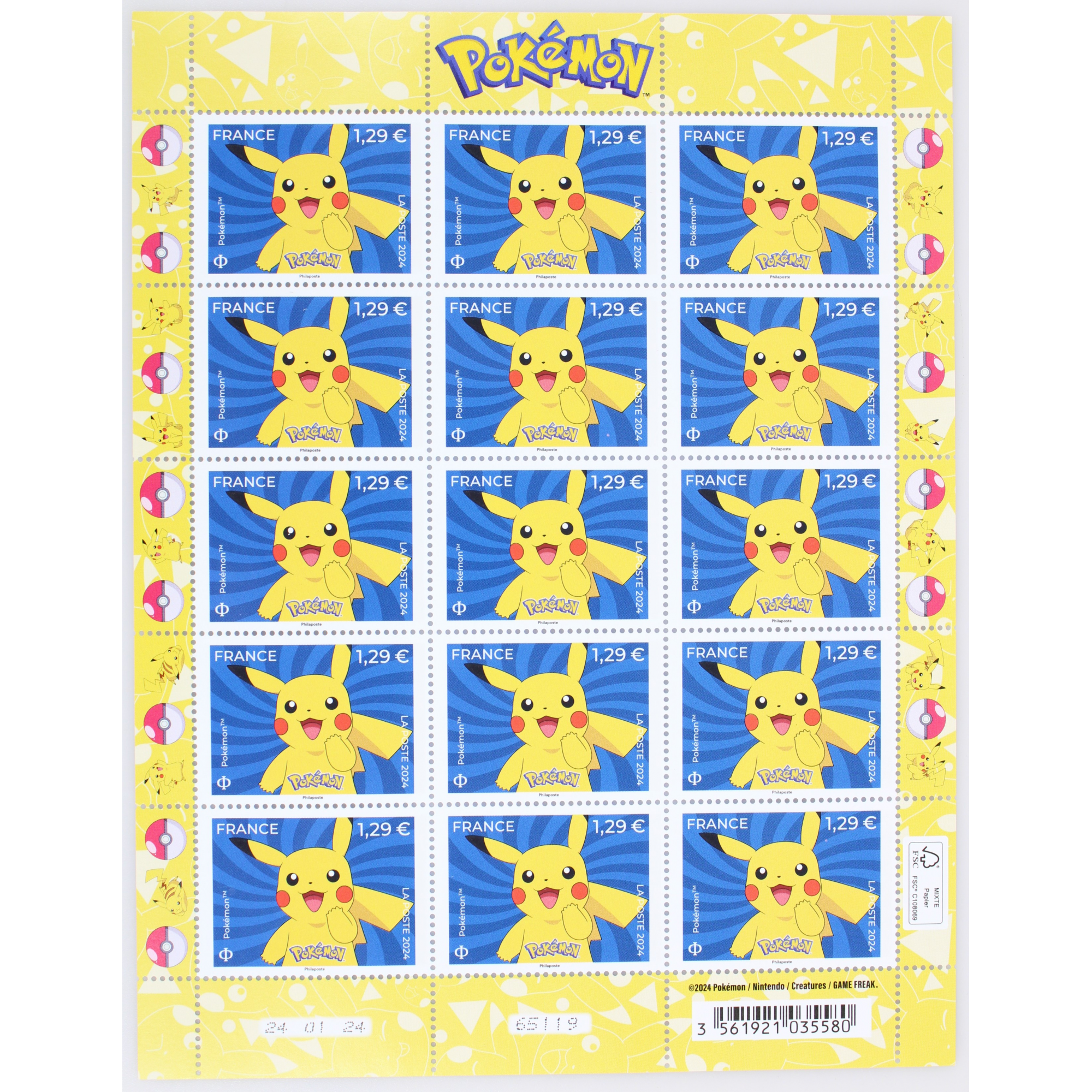 FEUILLET DE FRANCE - POKÉMON PIKACHU - ANNÉE 2024 TIMBRES NEUFS**
