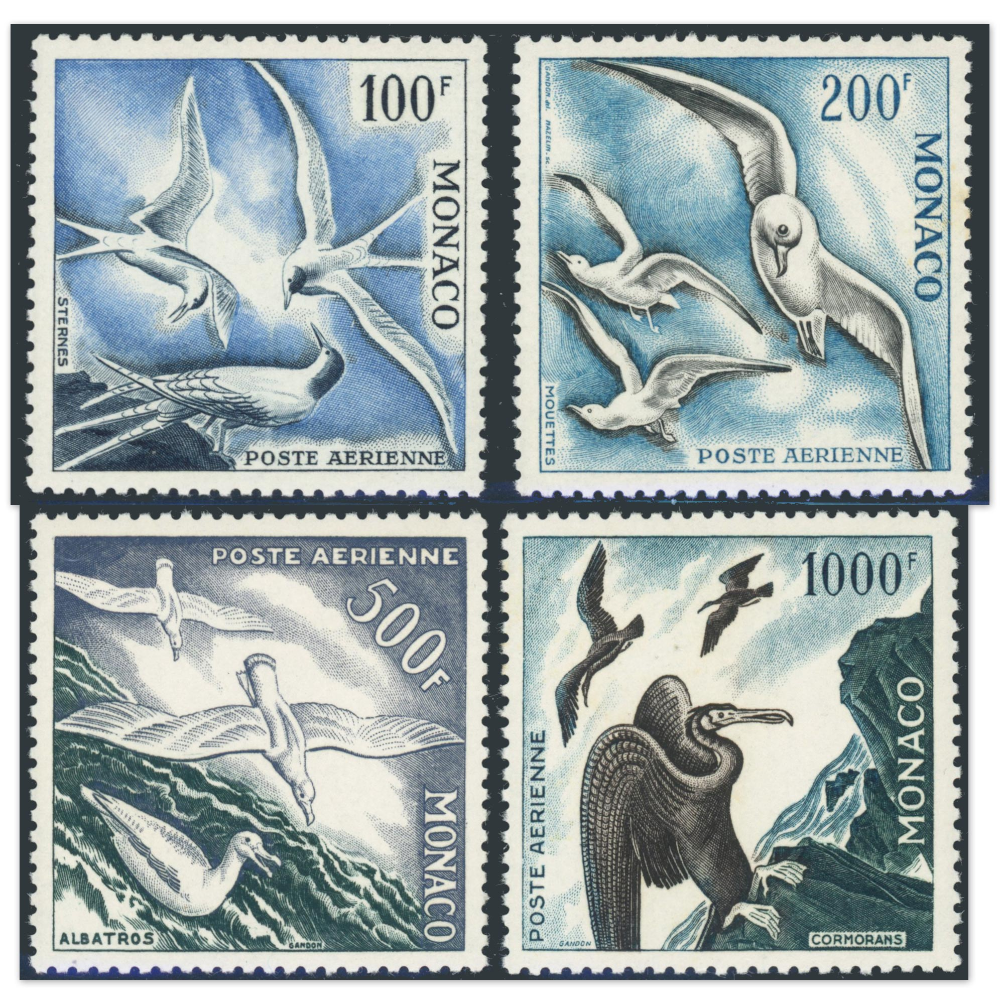 MONACO POSTE AÉRIENNE SÉRIE OISEAUX N° 55 À 58 TIMBRES NEUFS** SIGNÉS ...